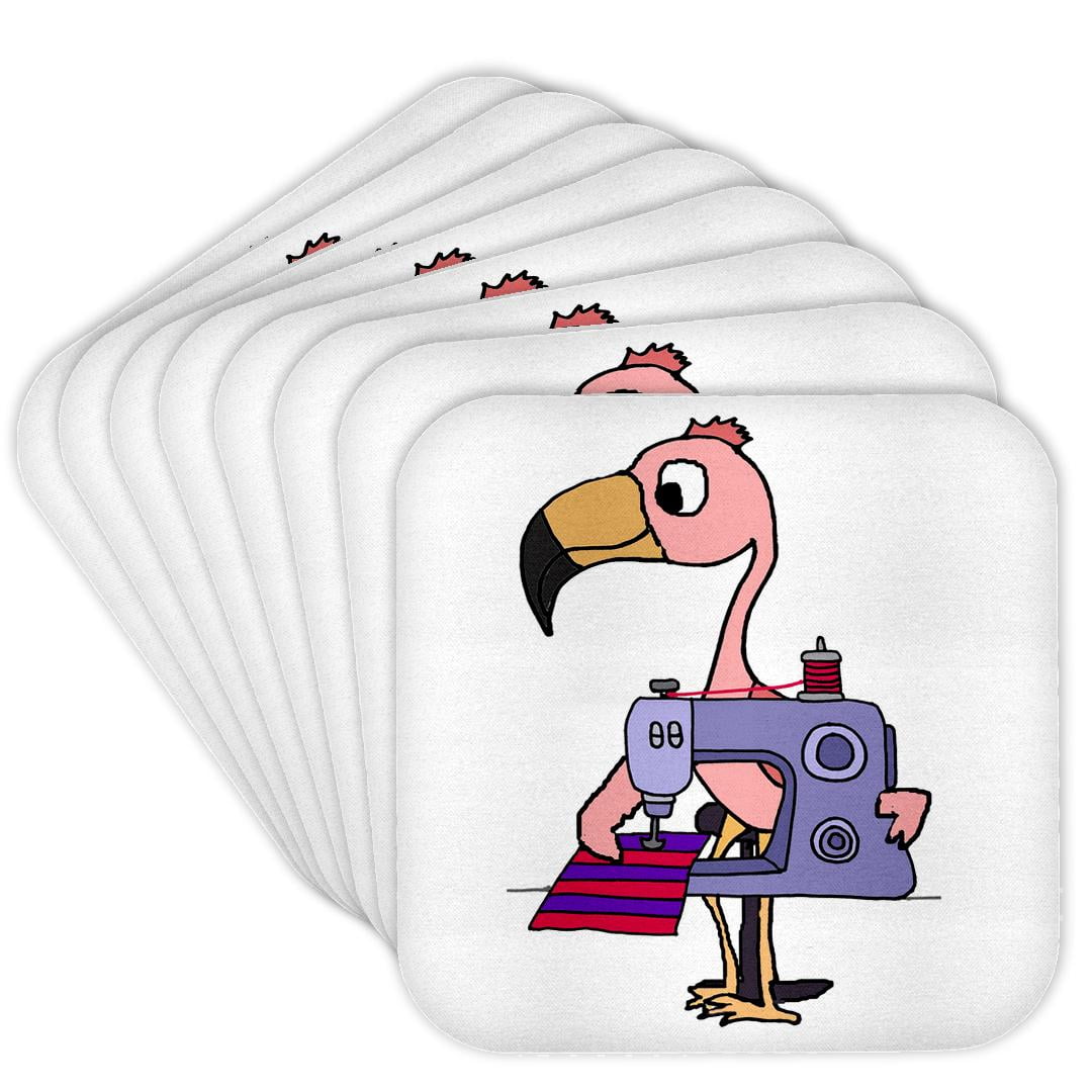 3drose, Funny Cute Pink Flamingo Using Sewing Machine Cartoon, Set of 8 ...