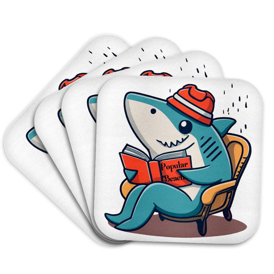 3drose, Funny Cute Shark Reading Popular Beaches Book Satire, Set of 4 ...