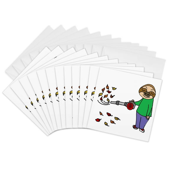 3drose, Funny Cute Sloth Using Leaf Blower Cartoon, 12 Greeting Cards ...
