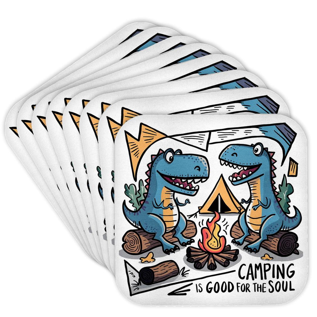 3drose, Funny Cute T-rex Dinosaurs Camping and Hiking Cartoon, Set of 8 ...