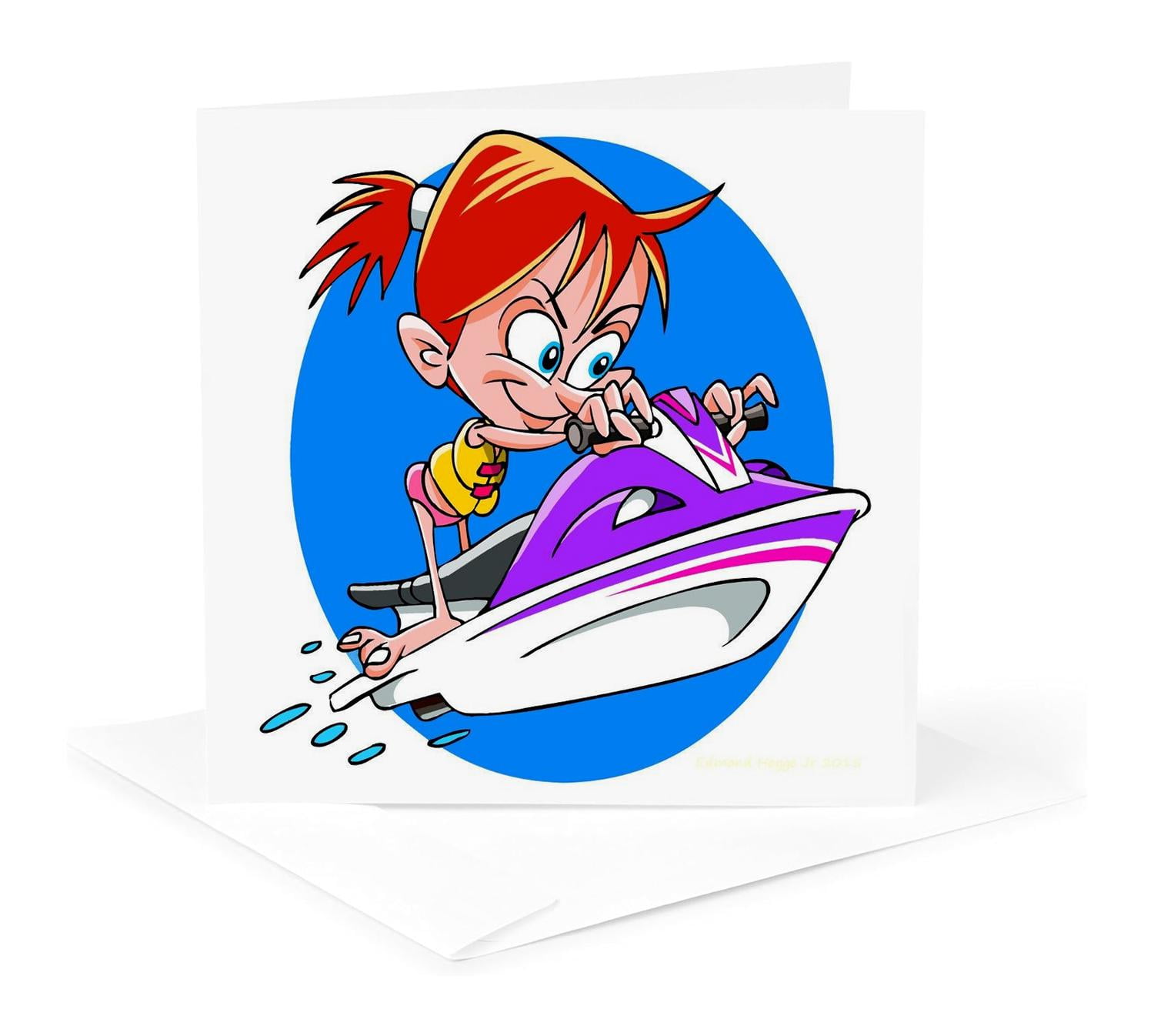3drose, Girl on Jet Ski Cartoon, 1 Greeting Card with Envelope ...