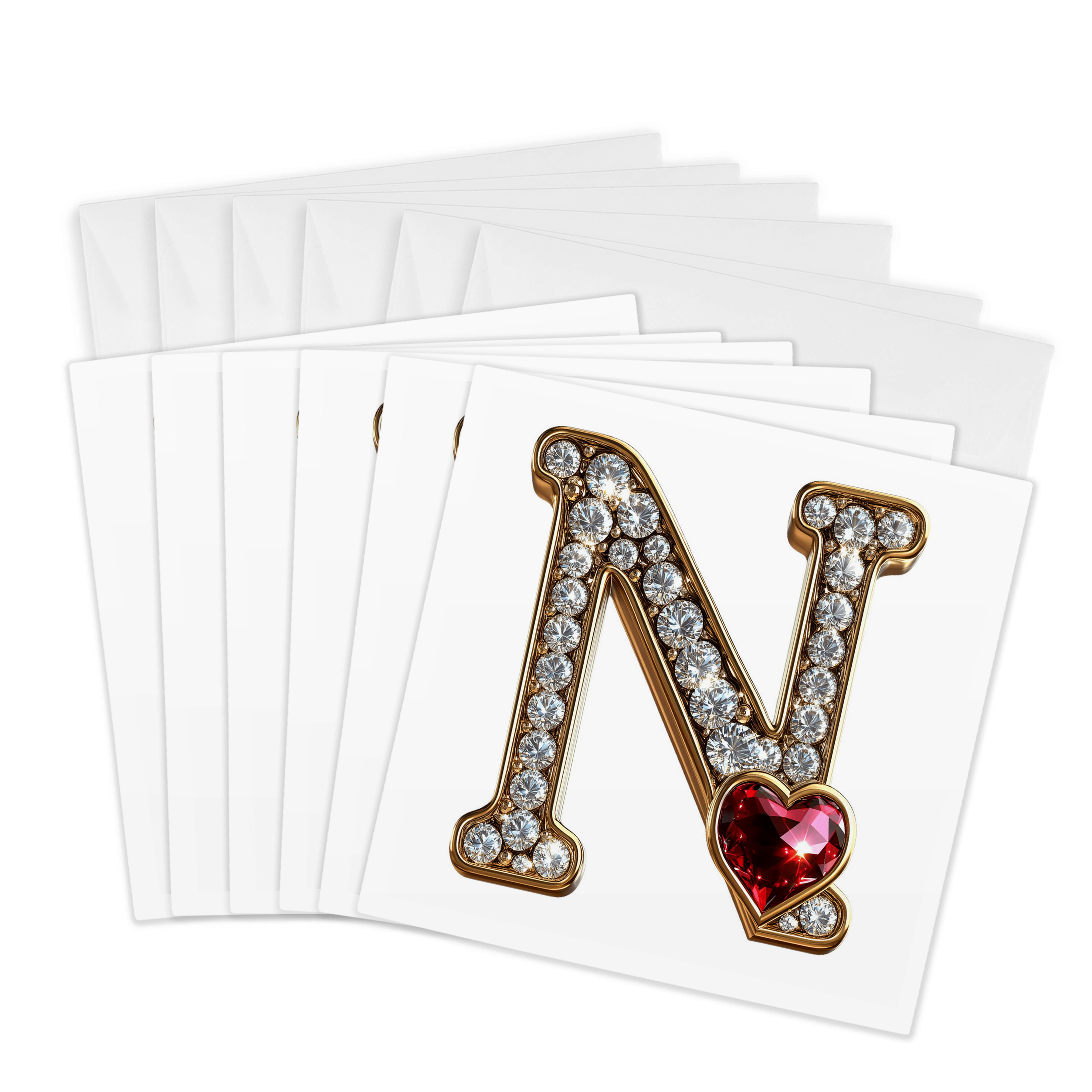 3drose, Glam Image of Diamonds Red Heart Monogram Initial N, 6 Greeting ...