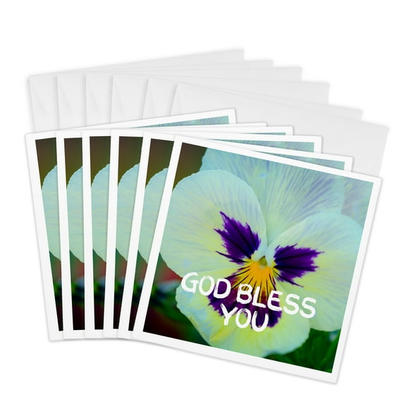 3drose, God Bless You Text over the Nice White and Purple Pansy Flower, 6 Greeting Cards with ...