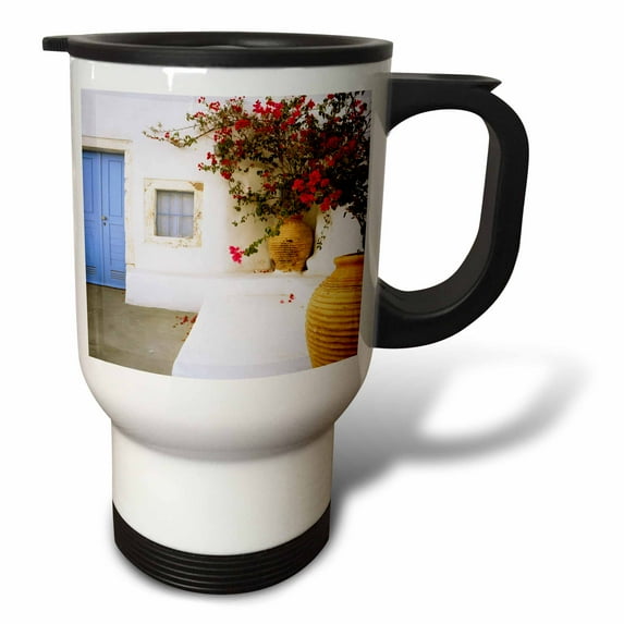 3drose, Greece, Santorini. Blue Door to House and Potted Flowers., 14oz ...