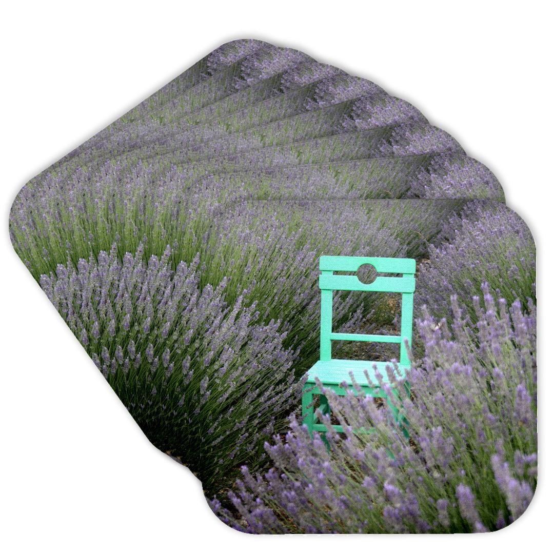 3drose, Green Chair in a Lavender Field Photograph, Set of 8 Coasters ...