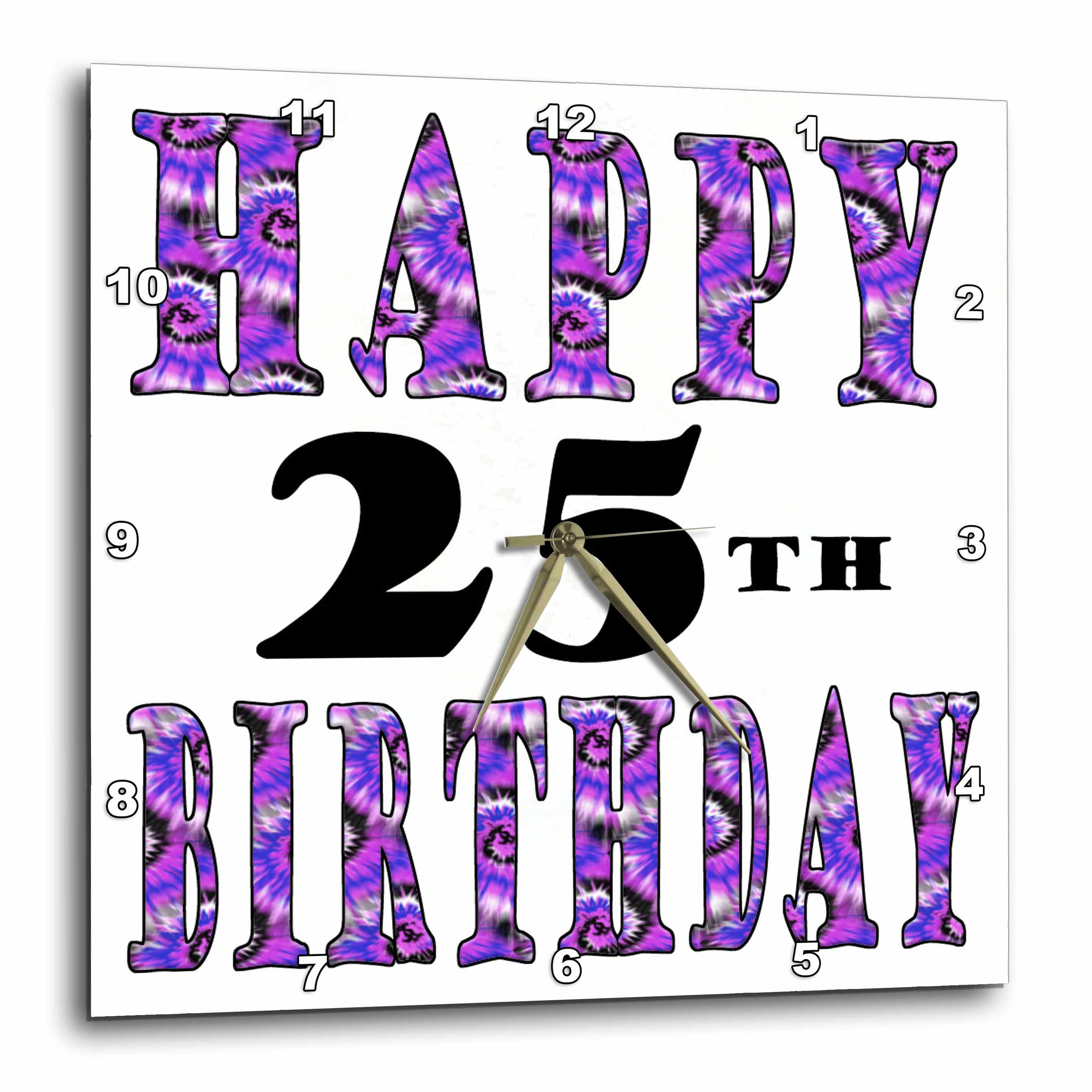 3drose, Groovy Purple Tye Dye Happy 25th Birthday, 10x10 Wall Clock ...