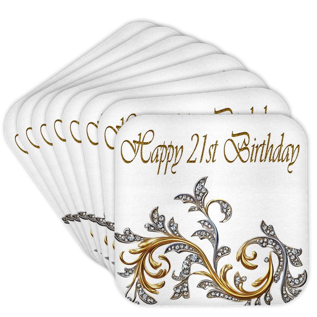 3drose, Happy 21st Birthday Elegant Image of Diamond Image of Gold Flourish, Set of 8 Coasters ...