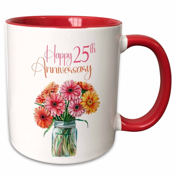 3drose, Happy 25th Anniversary Jar of Daisies, 11oz Two-tone Red Mug ...