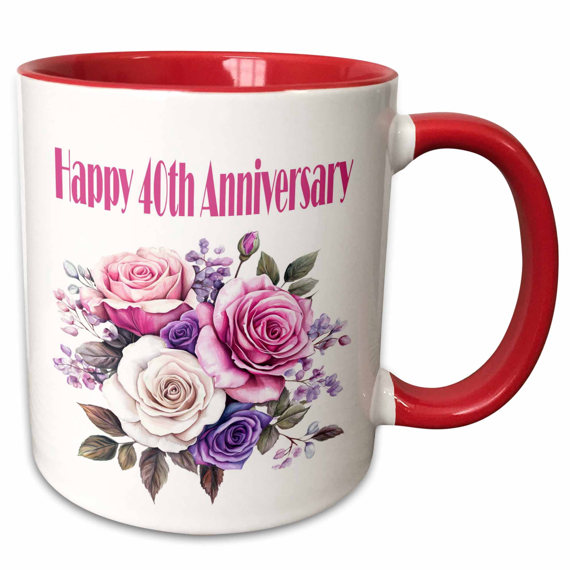 3drose, Happy 40th Anniversary Pretty Pink Roses, 11oz Two-tone Red Mug ...