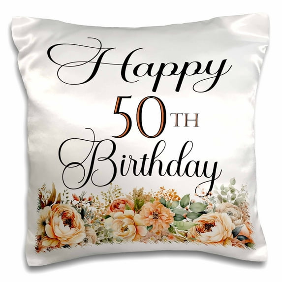 3drose, Happy 50th Birthday with Peach Flowers, 16x16 inch Pillow Case ...