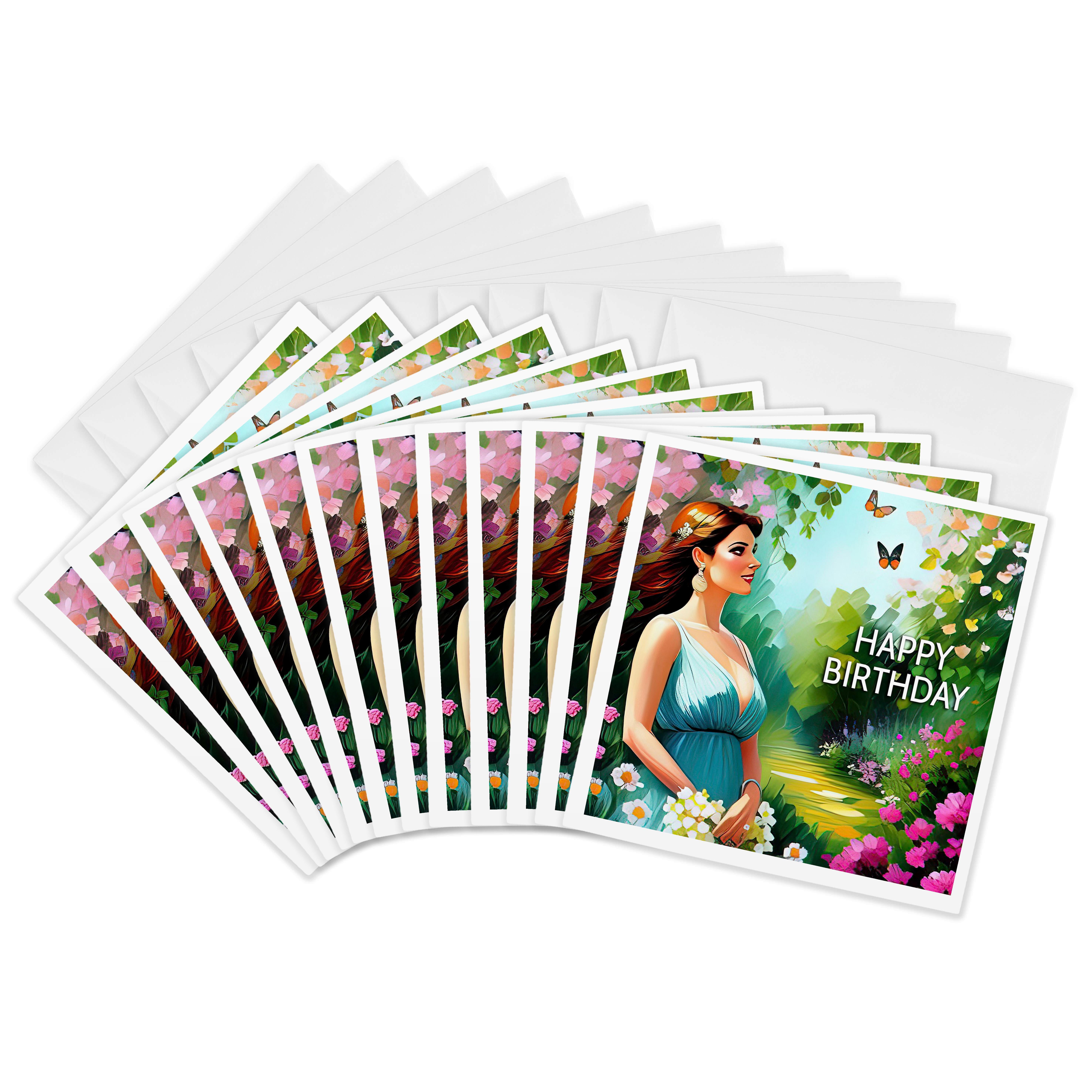 3drose, Happy Birthday. Smiling Young Woman Looks at Butterflies in a ...