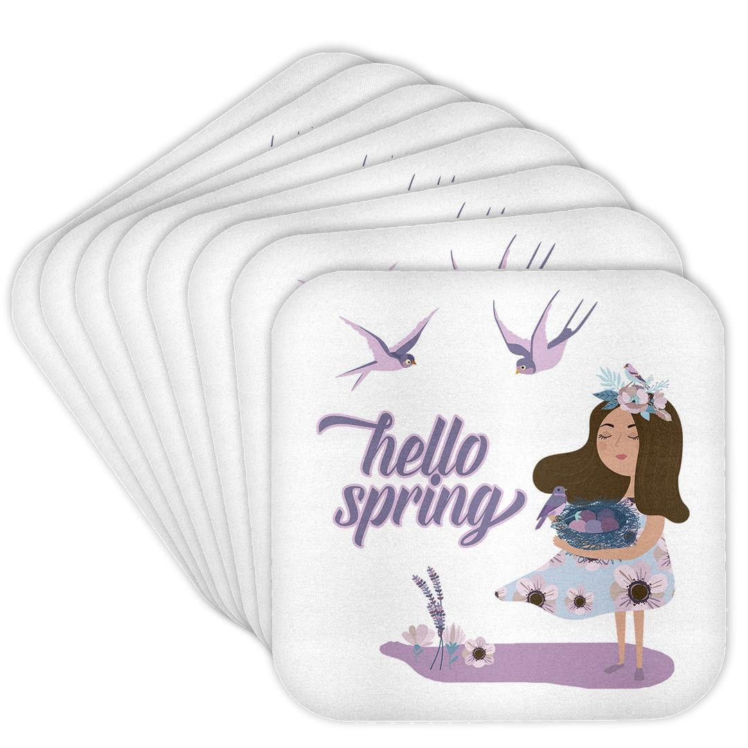 3drose, Hello Spring - Cute Purple Girl and Animal Swallow Bird Illustration, Set of 8 Coasters ...