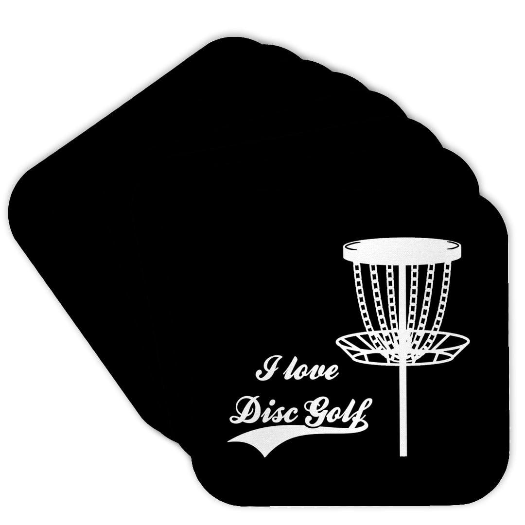 3drose, I Love Disc Golf with Disc Golf Basket. White on Black Background., Set of 8 Coasters ...
