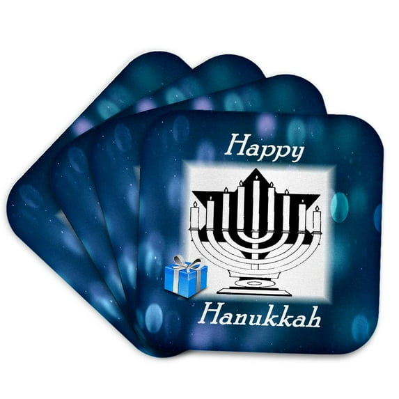 3drose, Image of Black and White Menorah on Blue Bokeh Says Happy Hanukkah, Set of 4 Coasters ...
