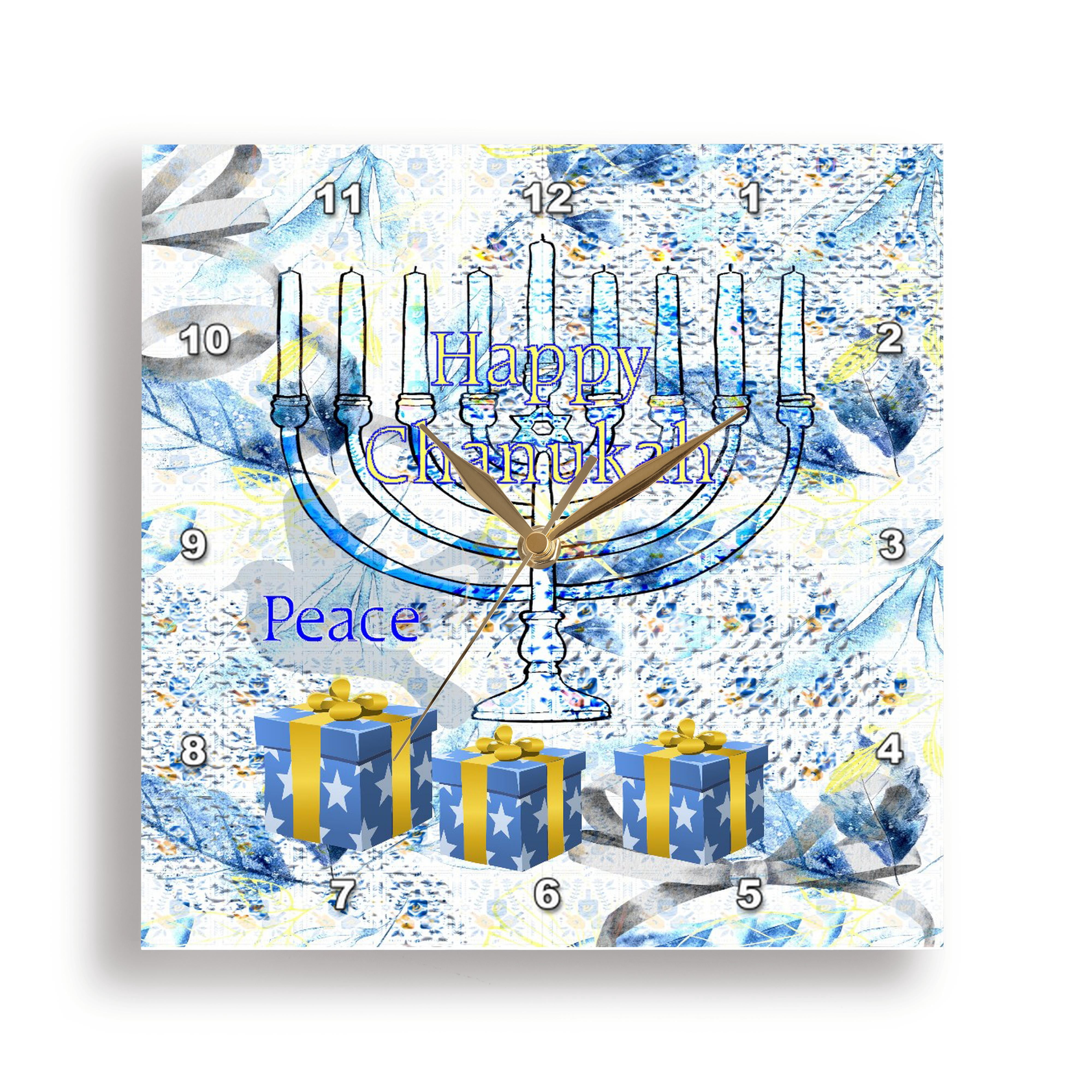 3drose, Image of Blue Menorah with Presents and Words, 13x13 Wall Clock ...