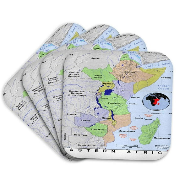 3drose, Image of Eastern Africa Topo Map with Nine Countries, Set of 4 ...