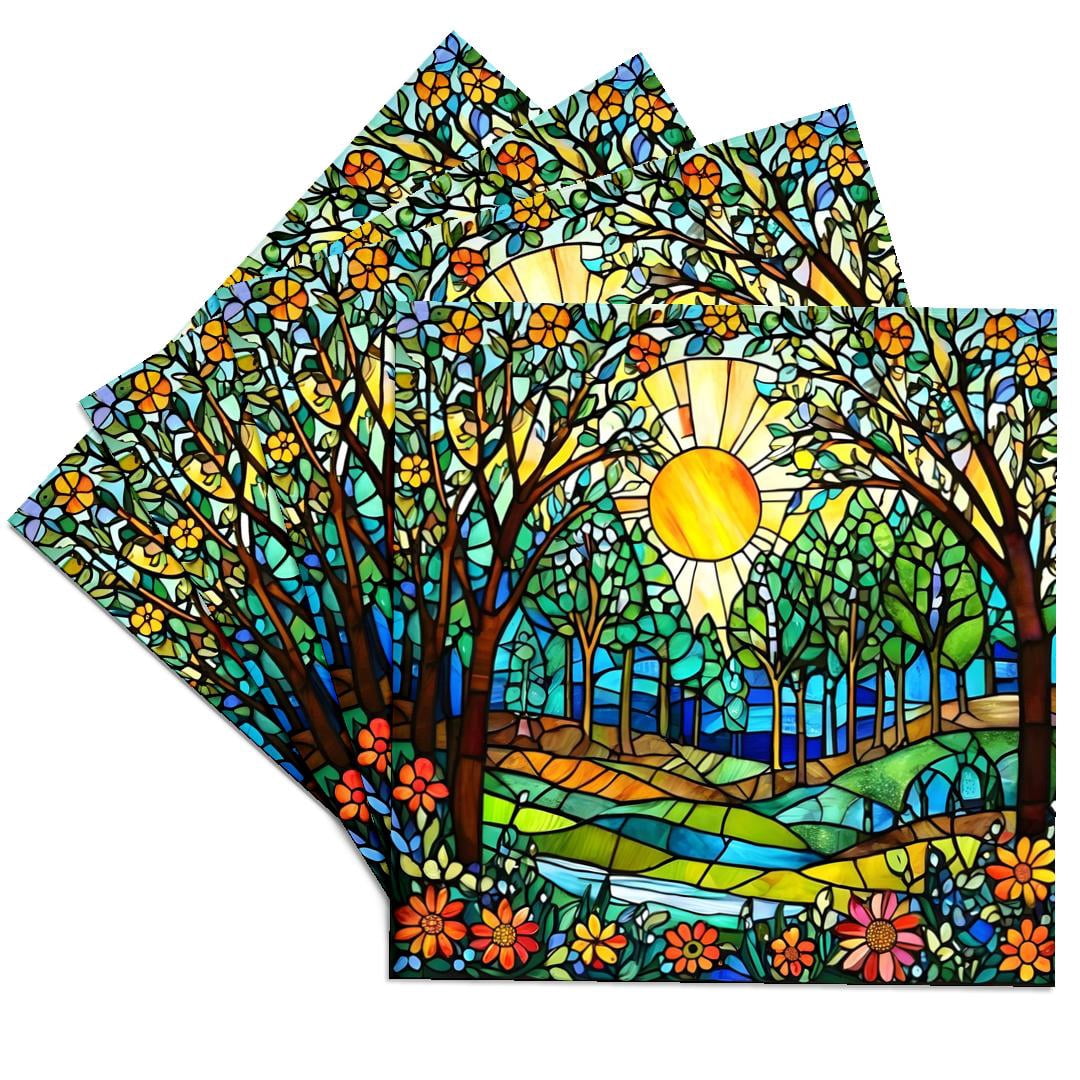 3drose, Image of Gorgeous Sunset Forest in Multicolor Forest, Set of 4 ...