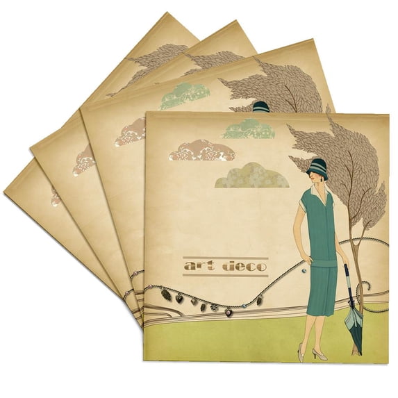 3drose, Image of Lady in Teal Dress with Gold Words Art Deco, Set of 4 ...