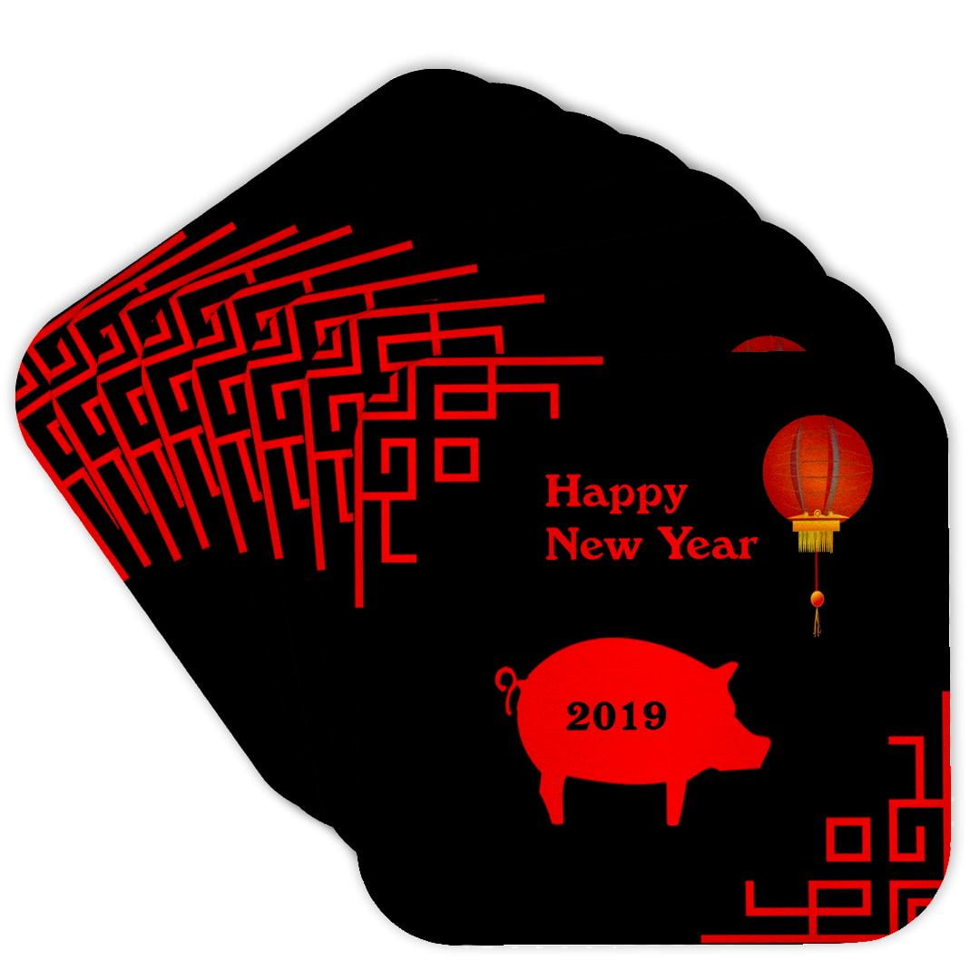 3drose, Image of Red Pig and Scrolls on Black 2019 New Year, Set of 8 ...