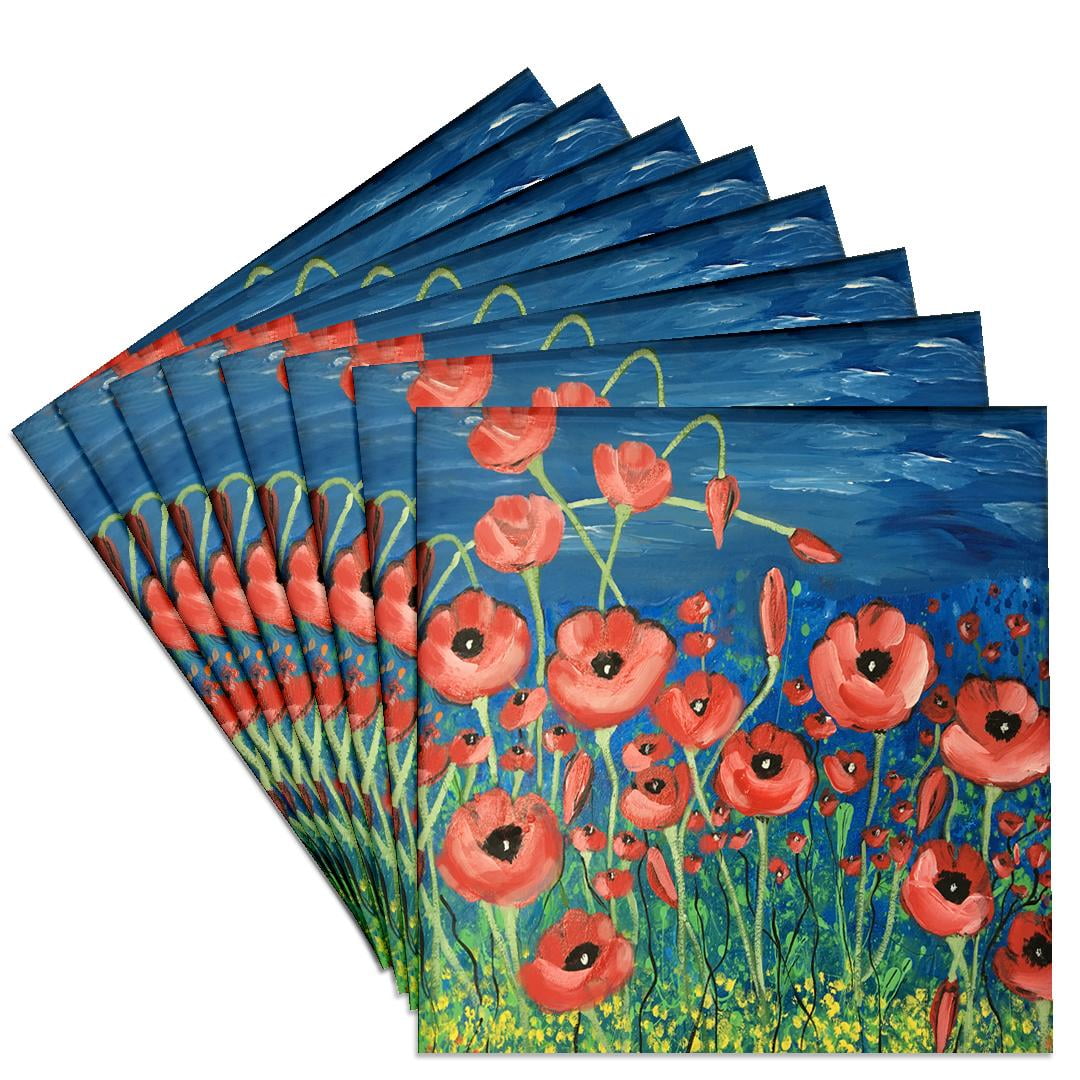 3drose, Image of Red Poppy Flowers on Blue Background, Set of 8 Ceramic ...