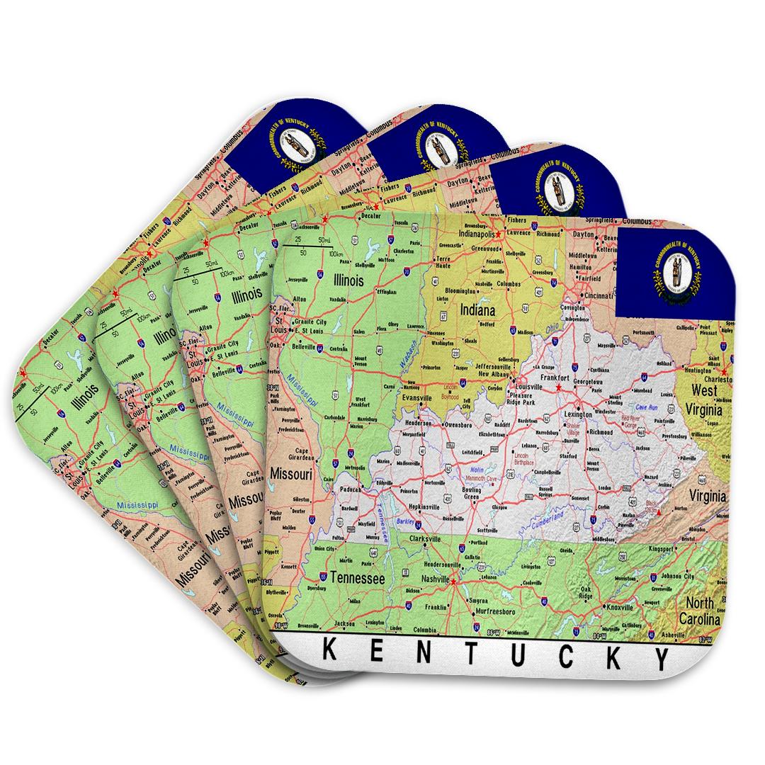 3drose, Image of Topographic Map of Kentucky with State Flag, Set of 4 ...