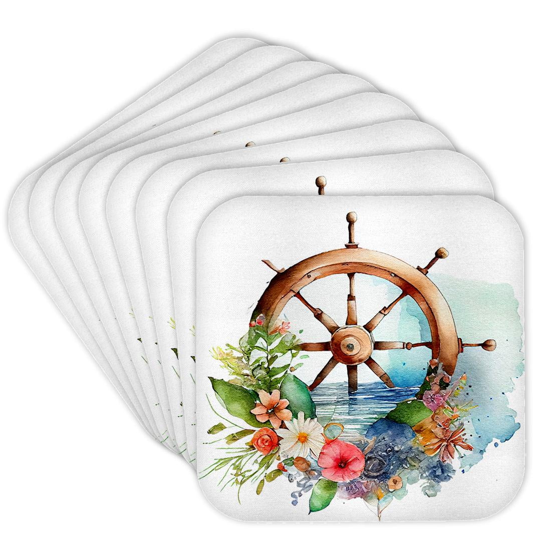 3drose, Image of Watercolor Sailing Ship Wheel in Water with Flowers ...