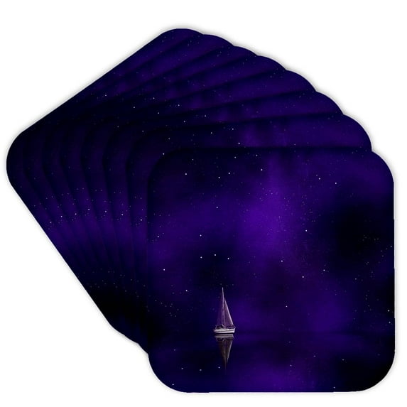 3drose, Image of a Gorgeous Starry Purple Sky with Sailboat, Set of 8 ...