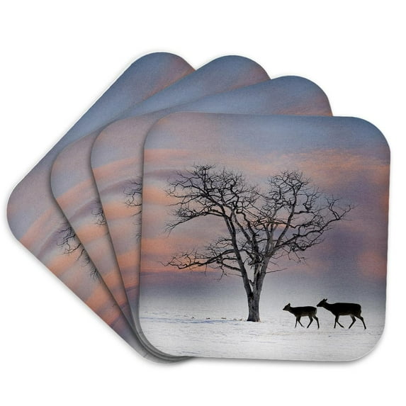 3drose, Japan, Hokkaido. Winter Snow with Lone Tree and Sitka Deer. 1 ...