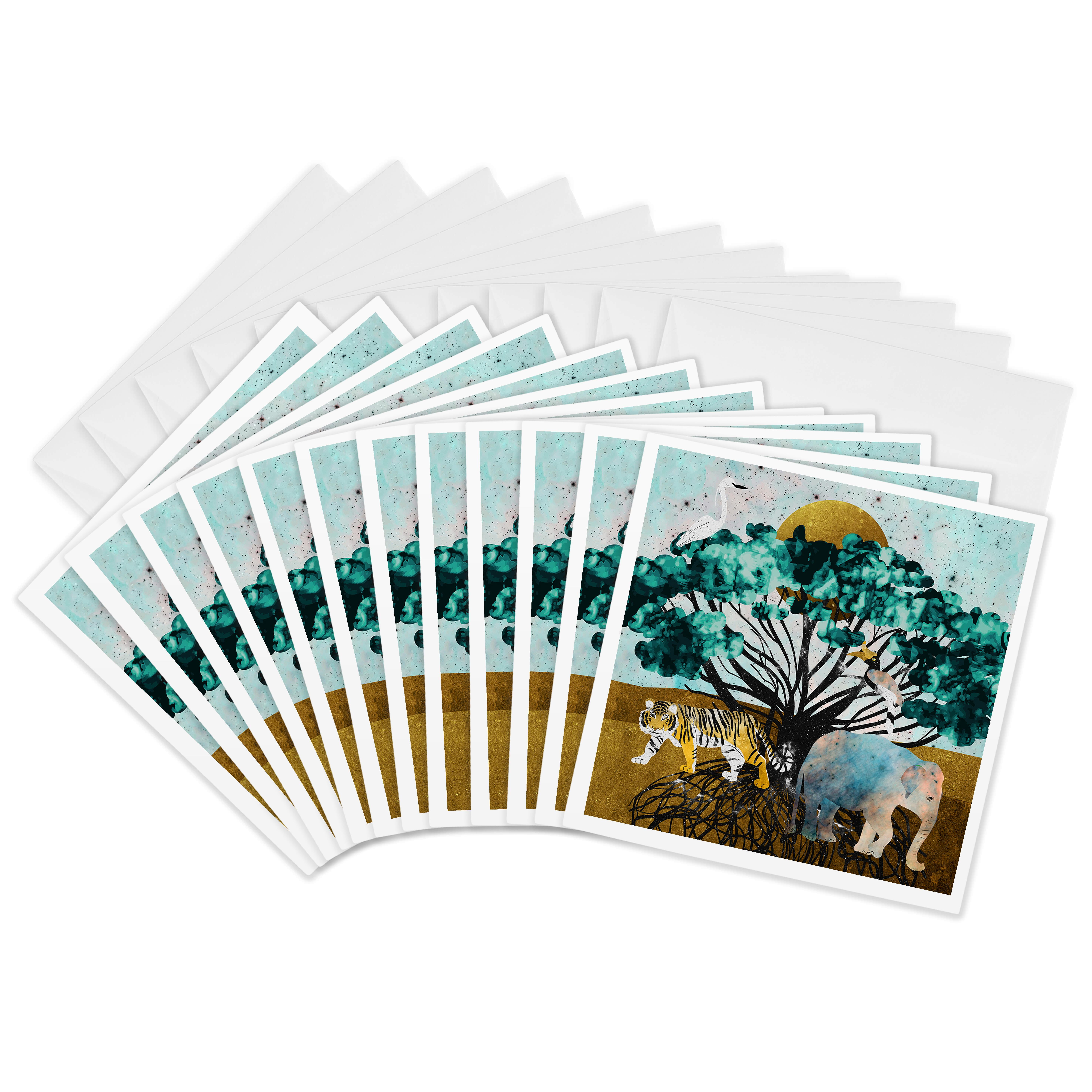 3drose, Jungle Animals and Banyan Tree Watercolor, 12 Greeting Cards ...
