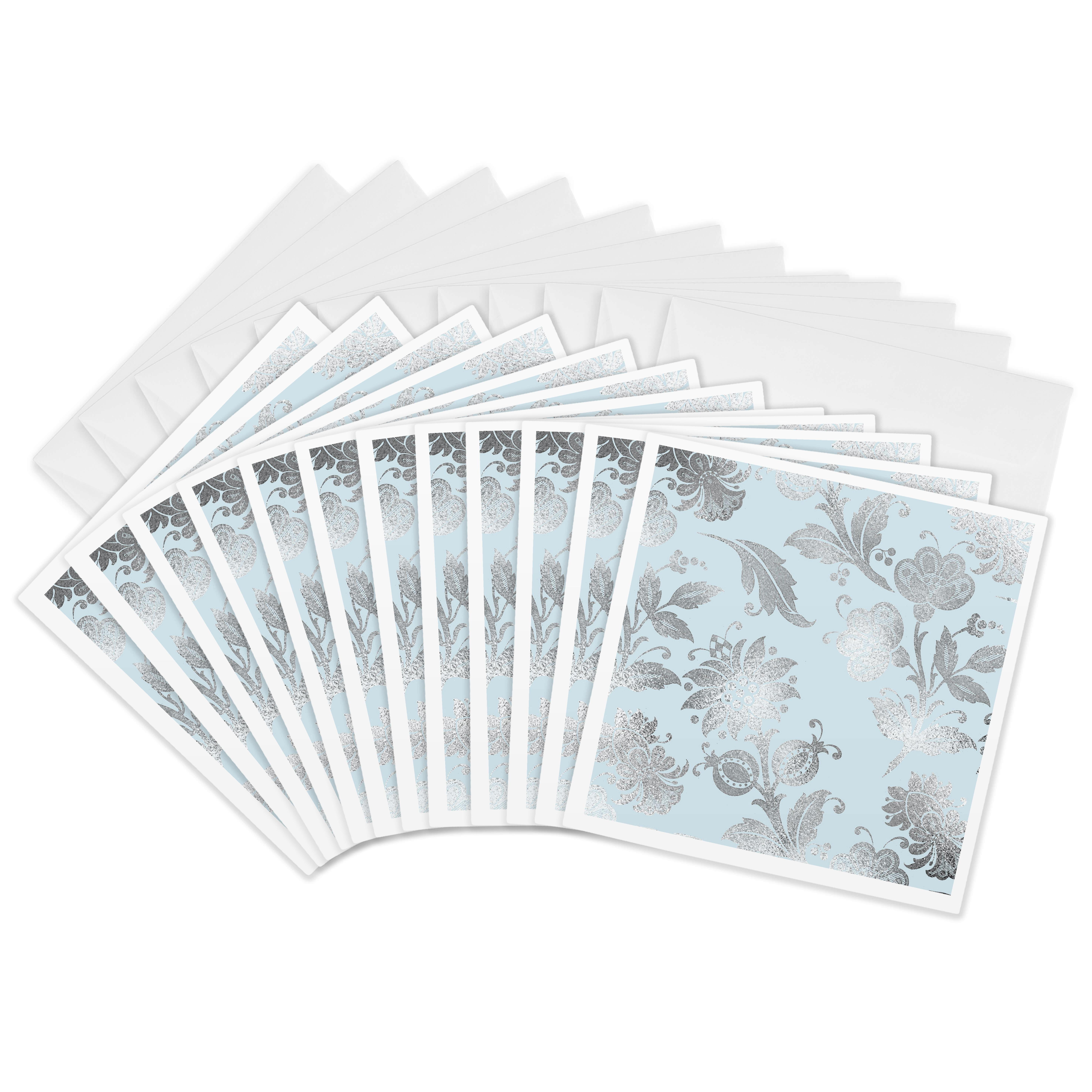 3drose, Light Blue with a Faux Silver Floral Damask Overlay, 12 ...
