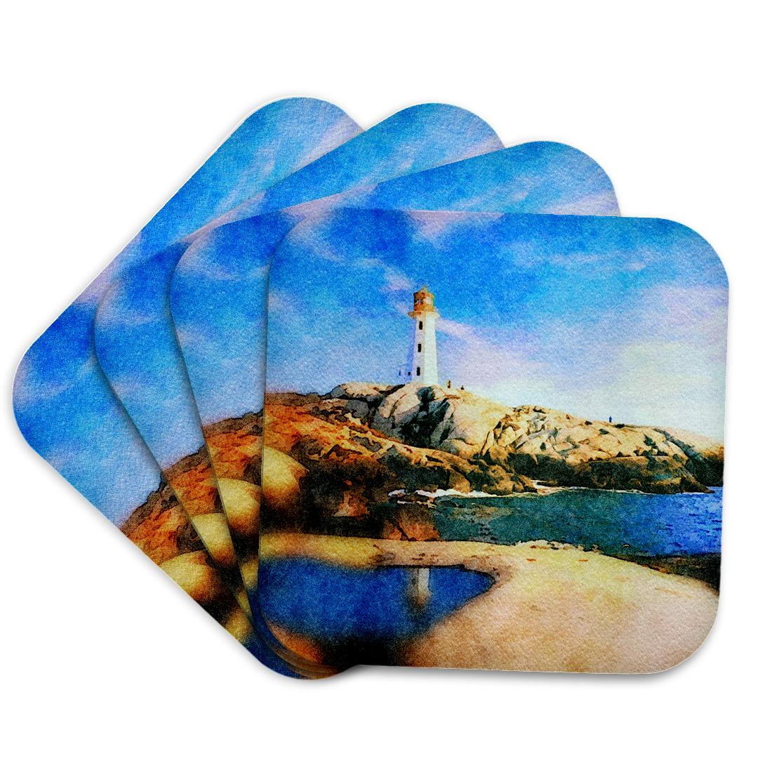 3drose, Lighthouse on a Rocky Cliff Beach Image of Watercolor Painting ...