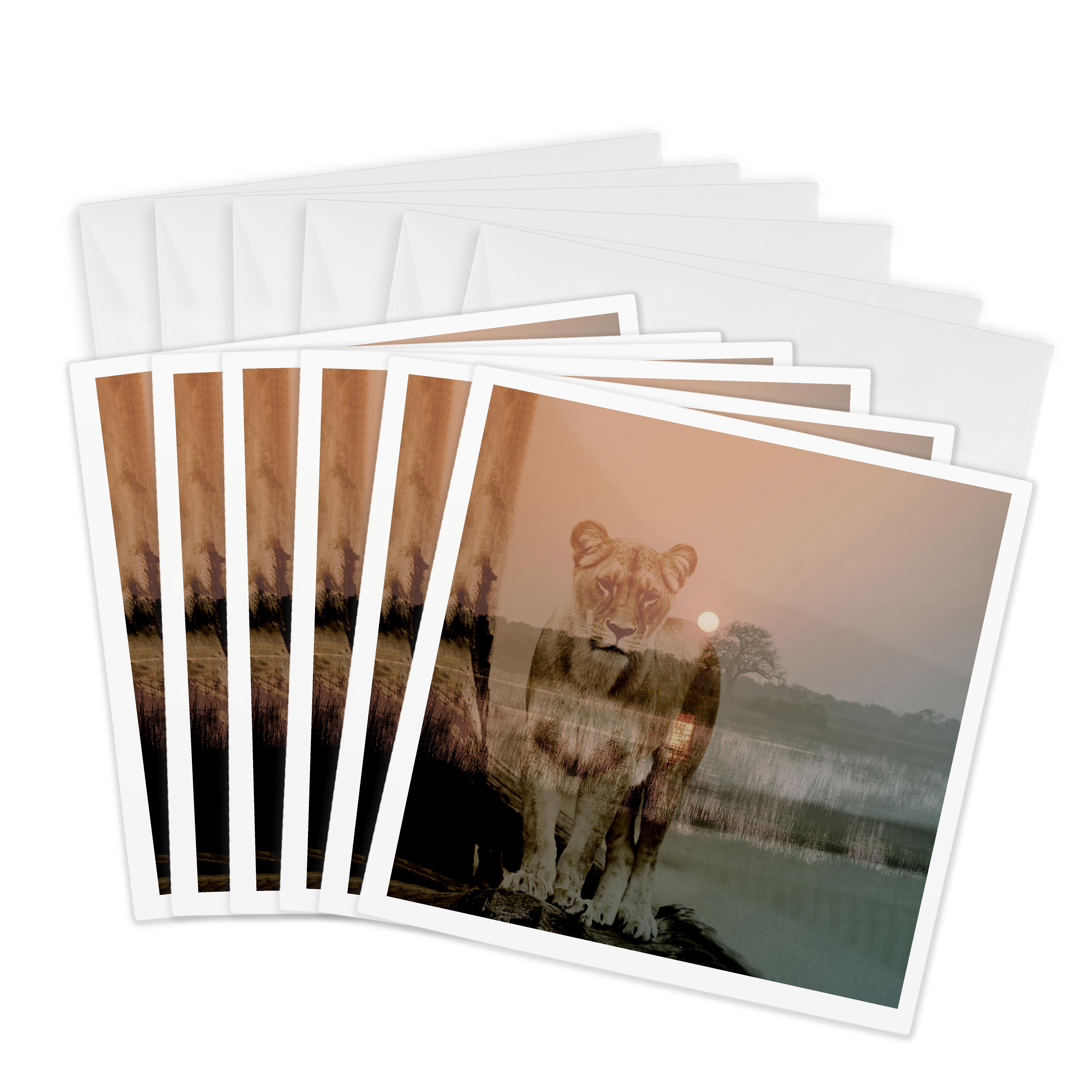 3drose, Lion Africa Digital Creation with Sunset, 6 Greeting Cards with ...