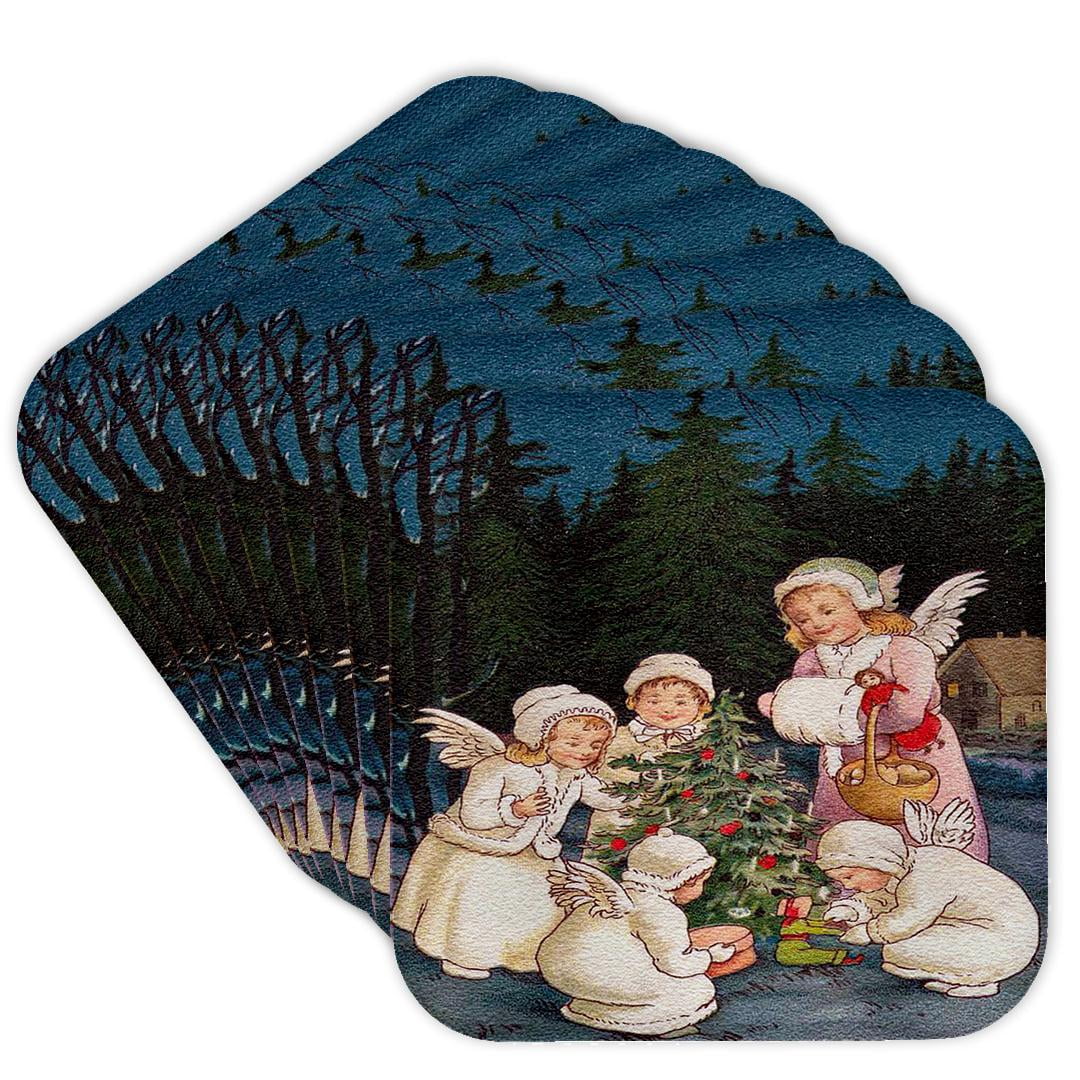 3drose, Little Angels Decorating the Tree Outside, Set of 8 Coasters ...