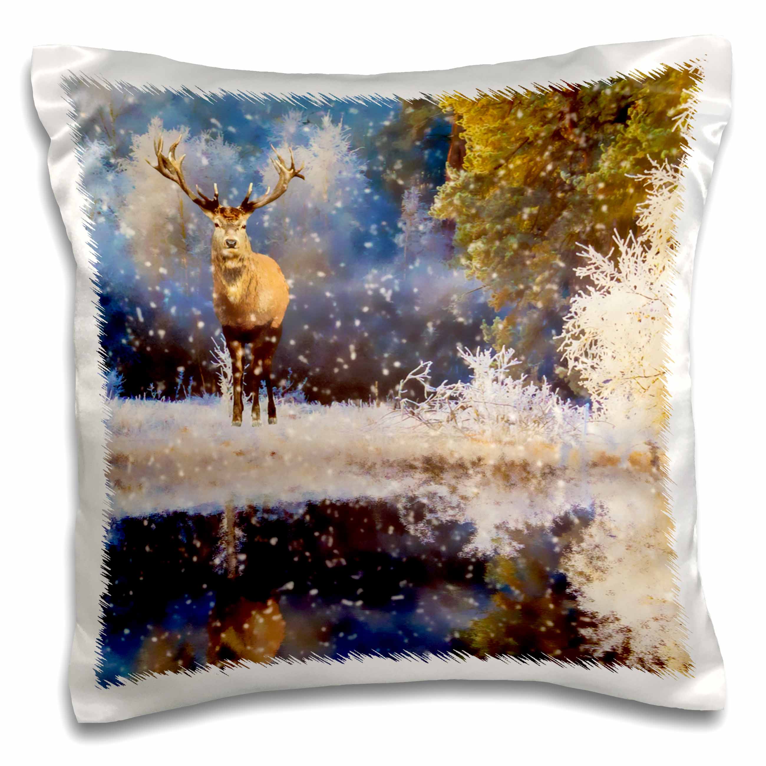 3drose, Lovely Woodland Deer and Reflection in a Winter Lake Seasonal ...