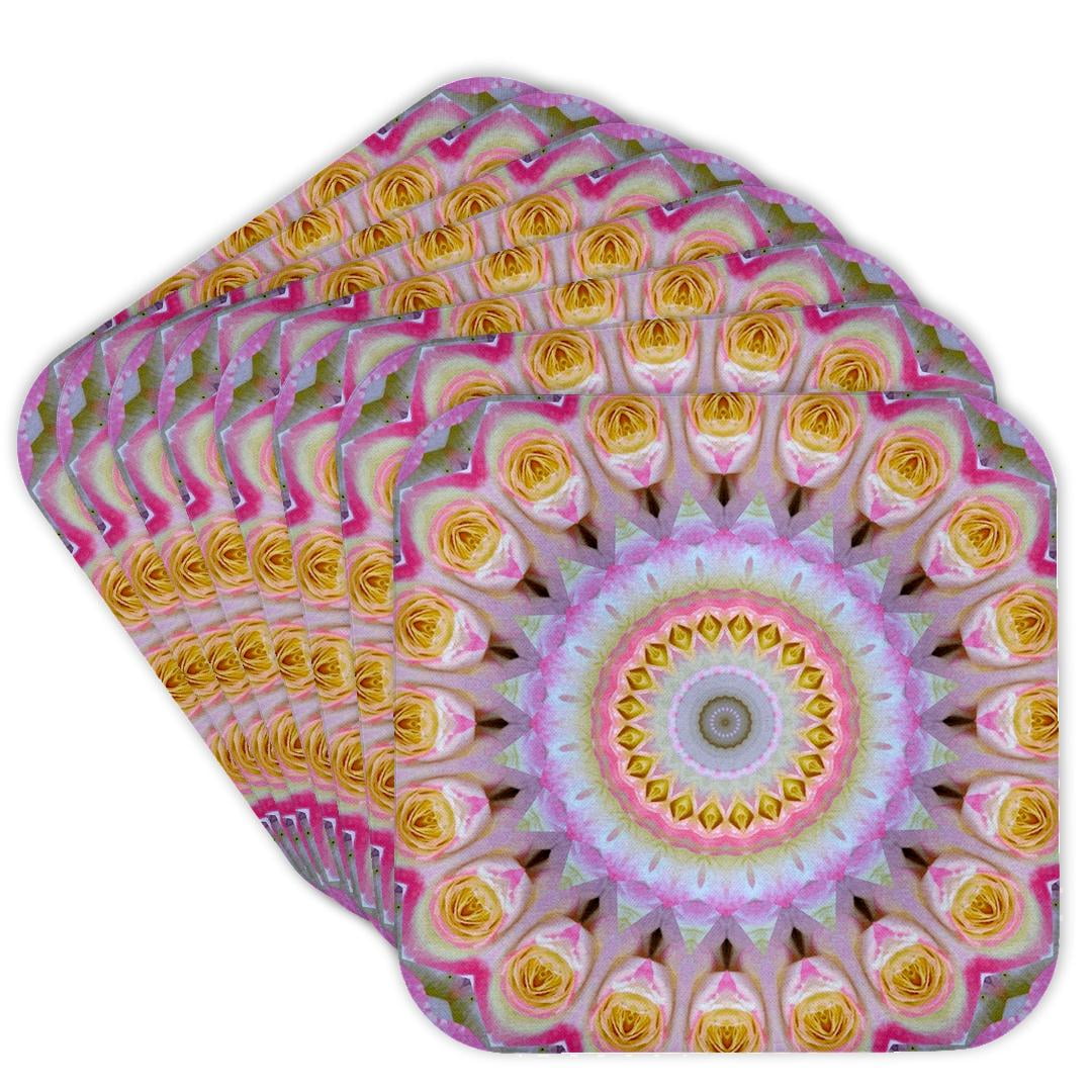 3drose, Mandala of Yellow and Pink Roses, Set of 8 Coasters - Cork ...