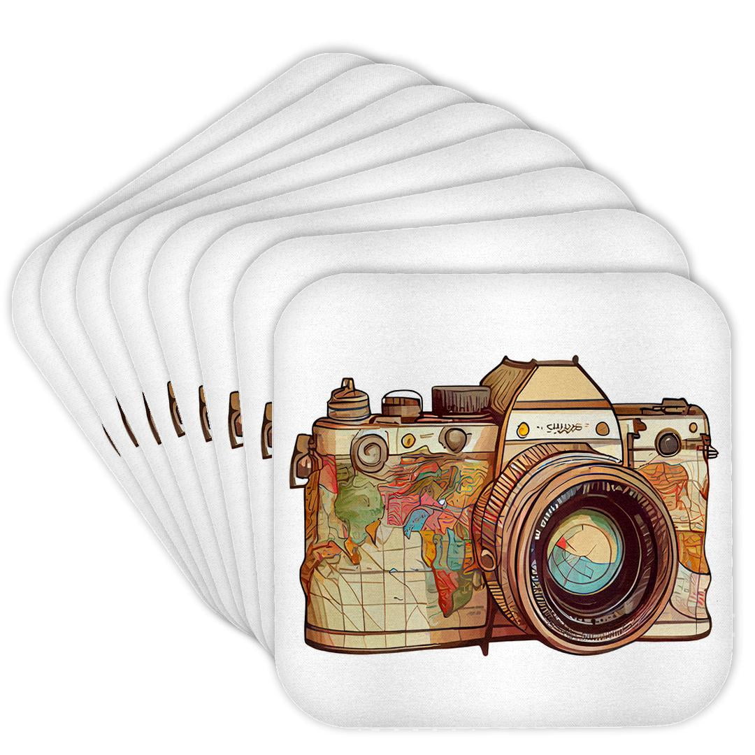 3drose, Map Patterned Camera Illustration, Set of 8 Coasters - Cork ...
