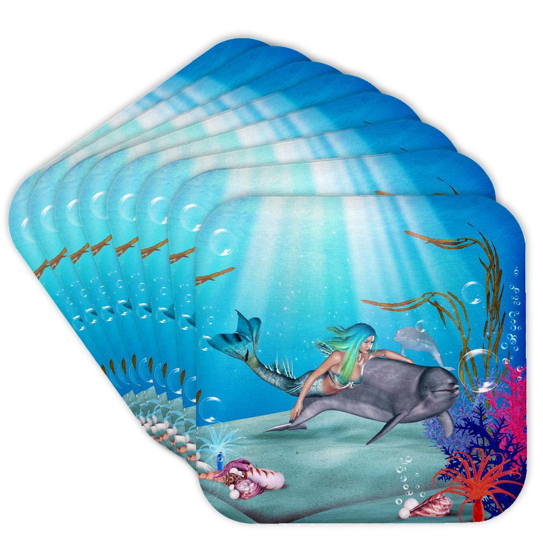 3drose, Mermaid Swims with a Dolphin Underwater, Set of 8 Coasters ...