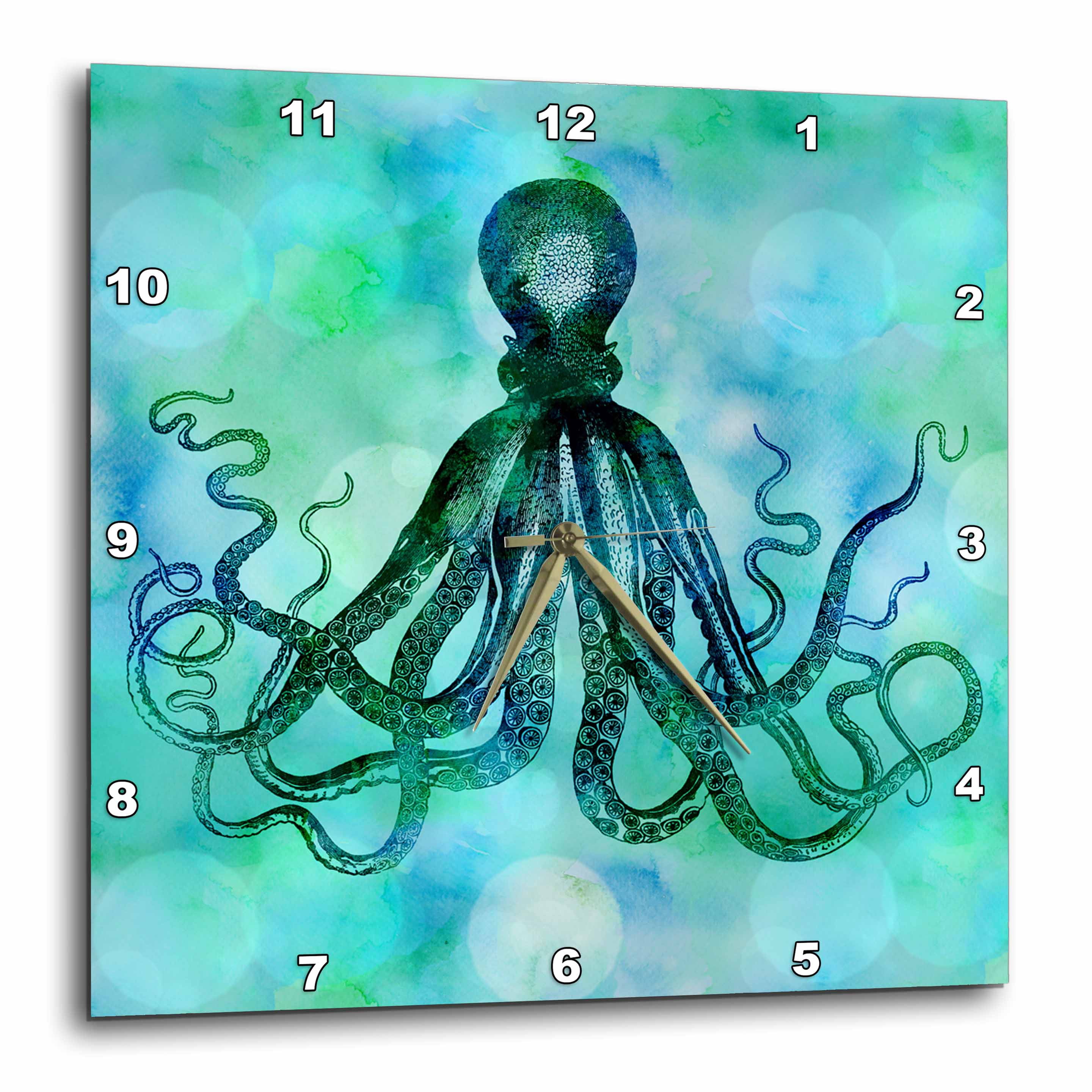 3drose, Mixed Media Art Octopus Illustration in Blue, 15x15 Wall Clock ...