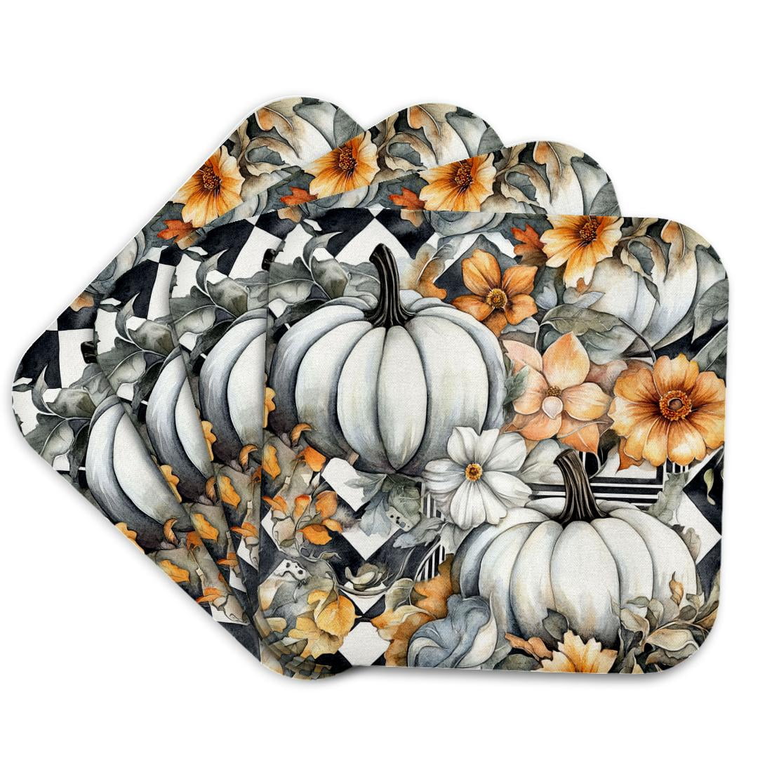 3drose, Modern White Pumpkins on Black and White Geometric Pattern, Set ...