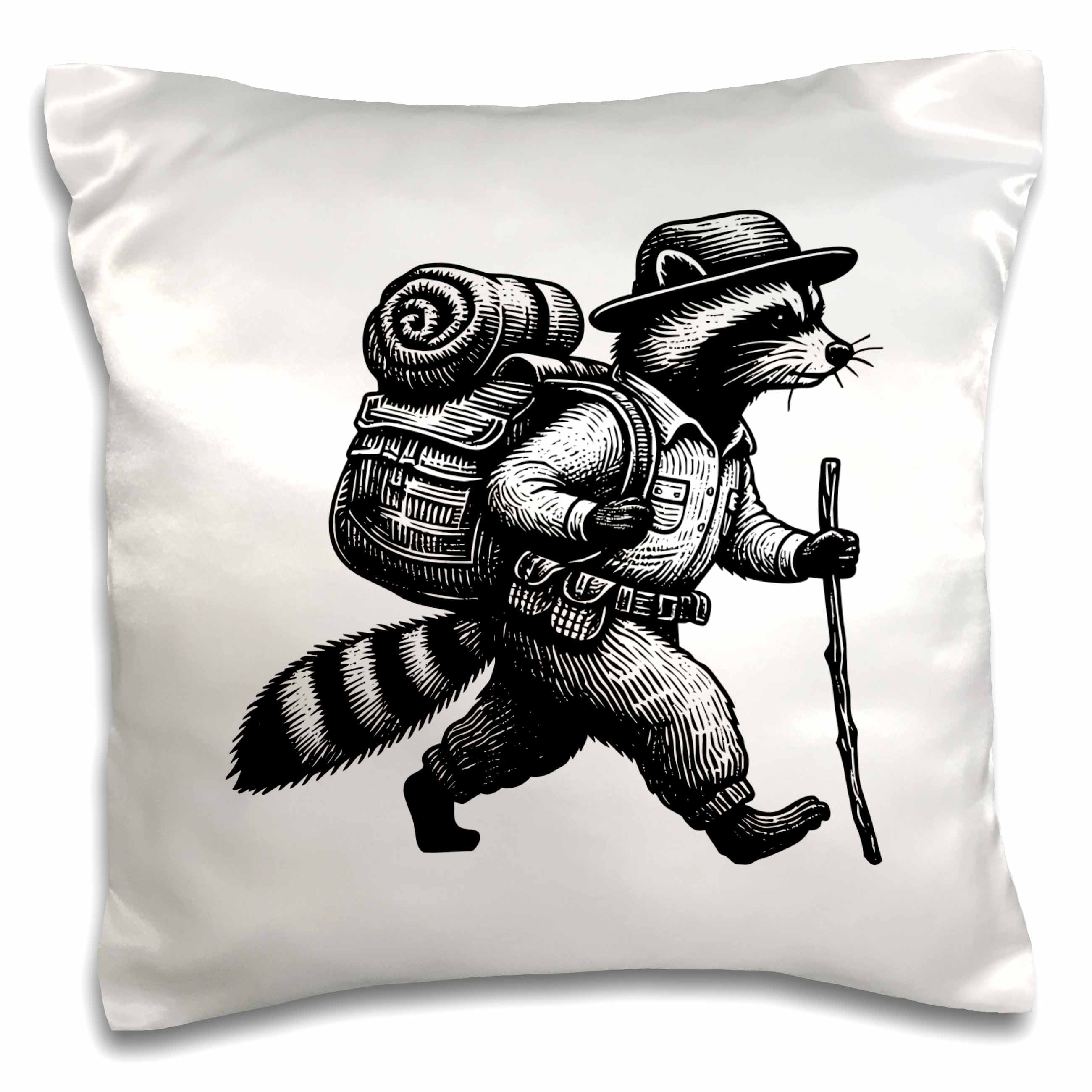 3drose, Monochrome Illustration of a Raccoon Hiking, 16x16 inch Pillow ...