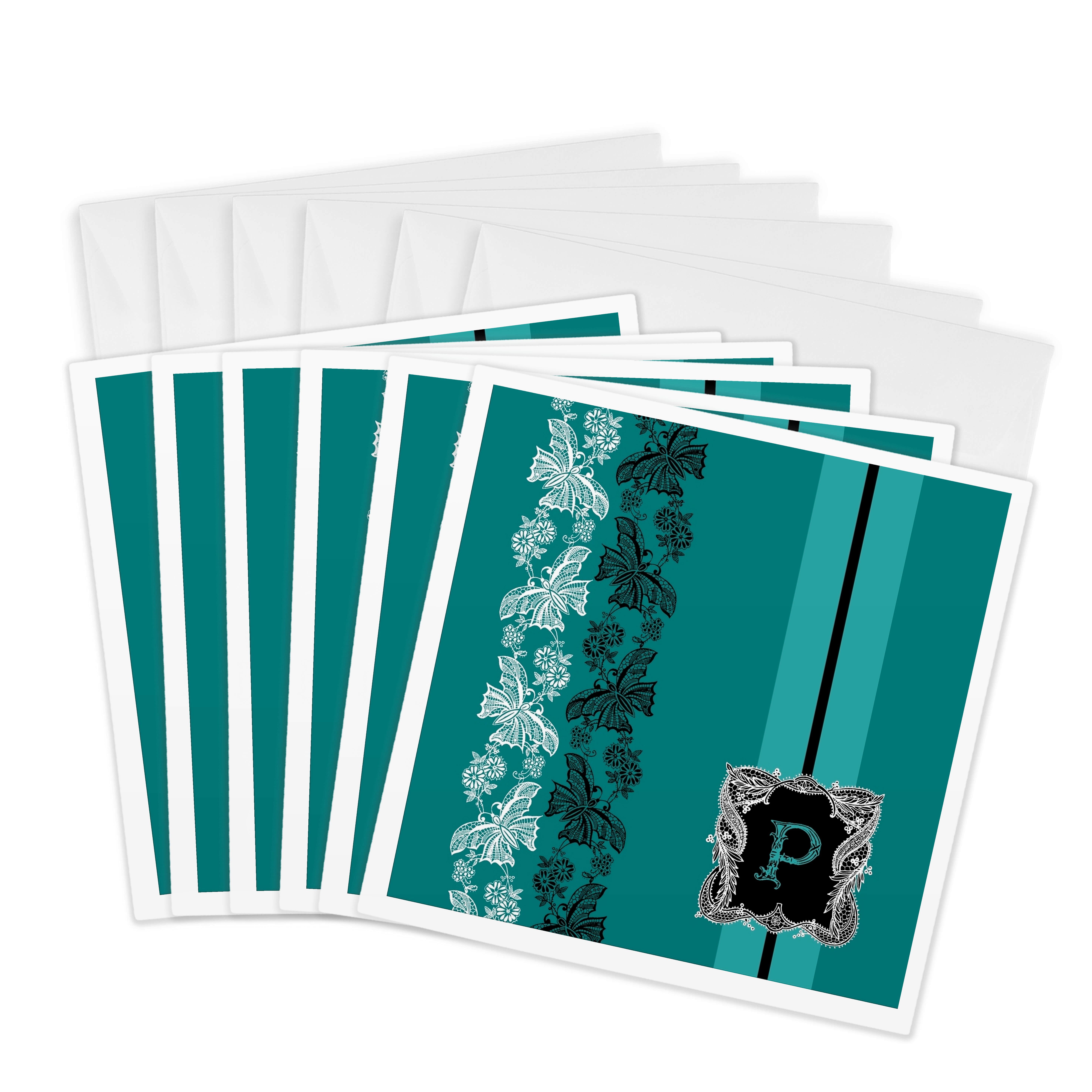 3drose, Monogram Initial P in Teal White and Black Lace, 6 Greeting ...