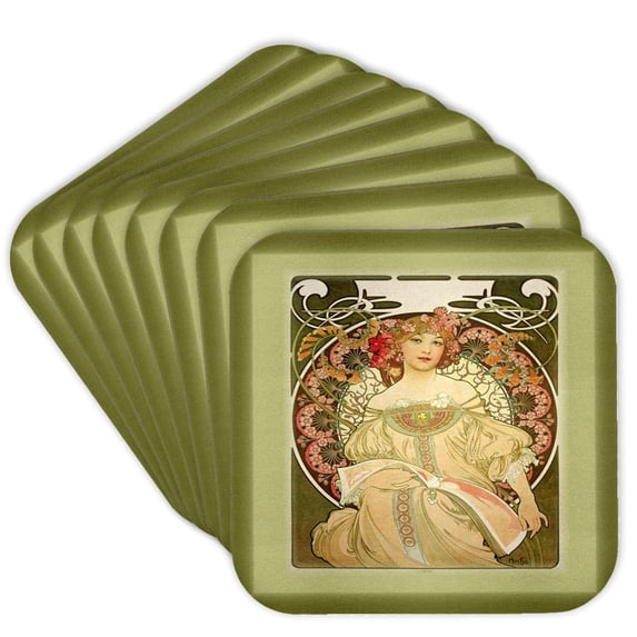 3drose, Muchas Art Nouveau Painting of Pretty Lady with Flowers Around ...