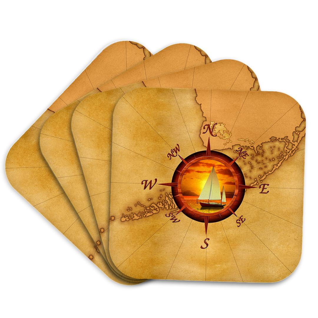 3drose, Nautical Map and Compass Rose with Sailboat and Ocean Sunset ...