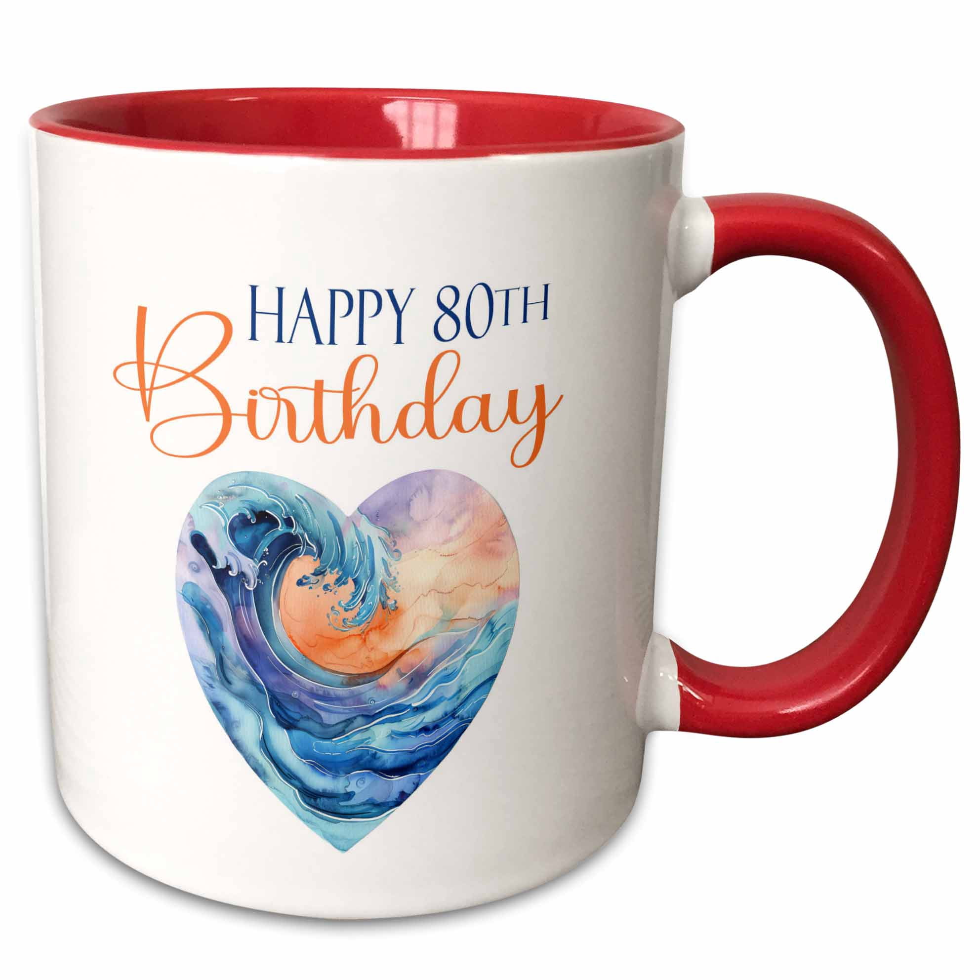3drose, Ocean Wave Heart Happy 80th Birthday, 11oz Two-tone Red Mug ...