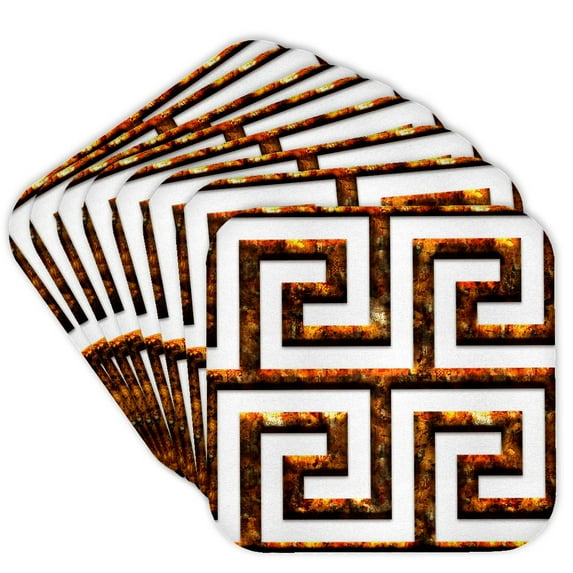 3drose, Orange and Image of Rust Greek Key Geometric Pattern, Set of 8 ...