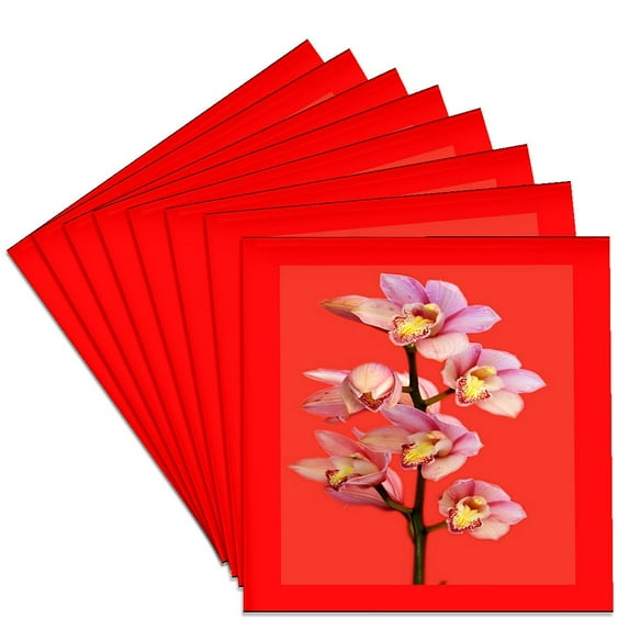 3drose, Oriental Pink Orchids on Red, Set of 8 Ceramic Tile Coasters ...