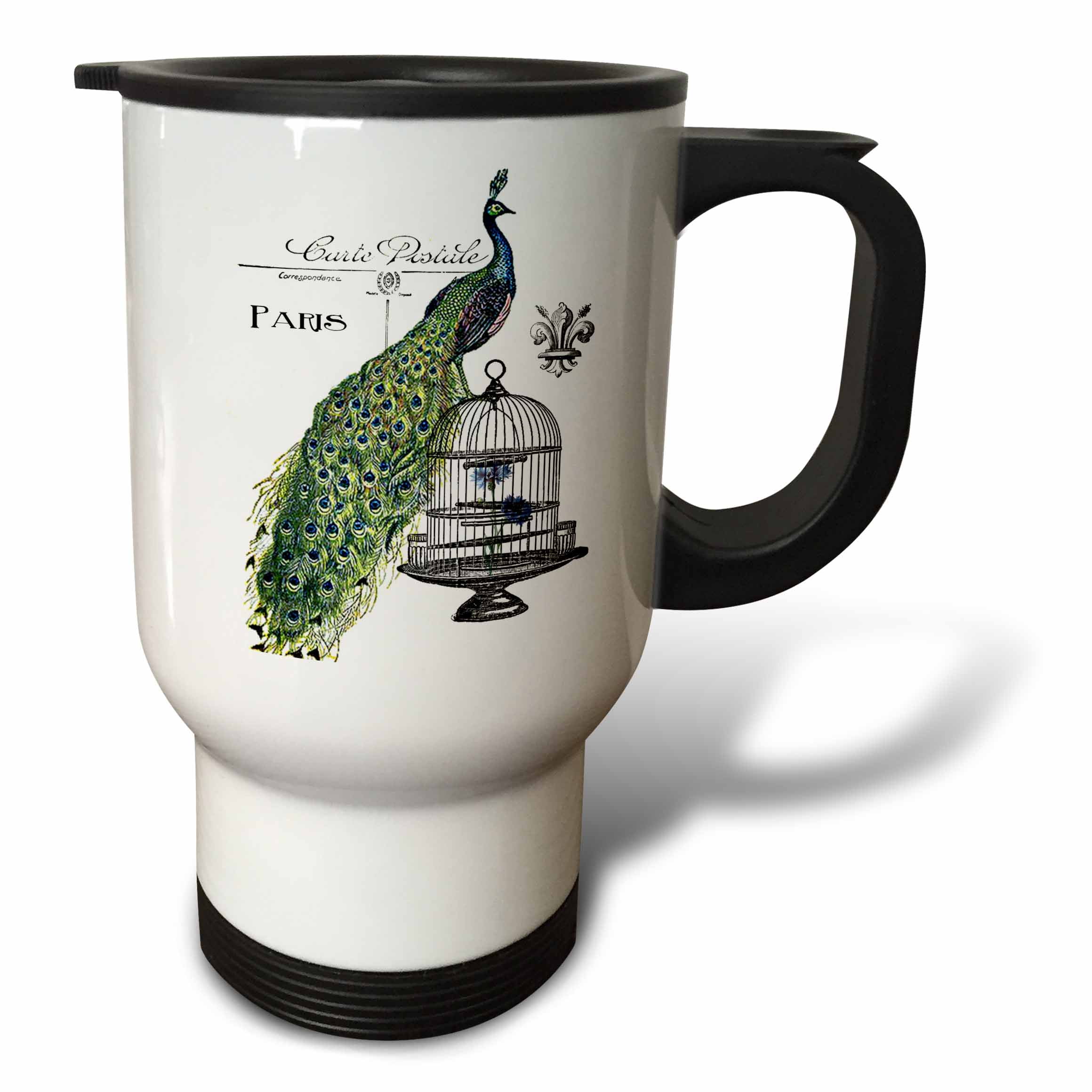 3drose, Paris Peacock on Bird Cage, 14oz Stainless Steel Travel Mug ...