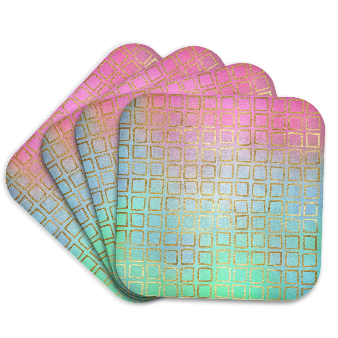 3drose, Pink Blue Mint Green Gradient Image of Gold Squares Pattern ...
