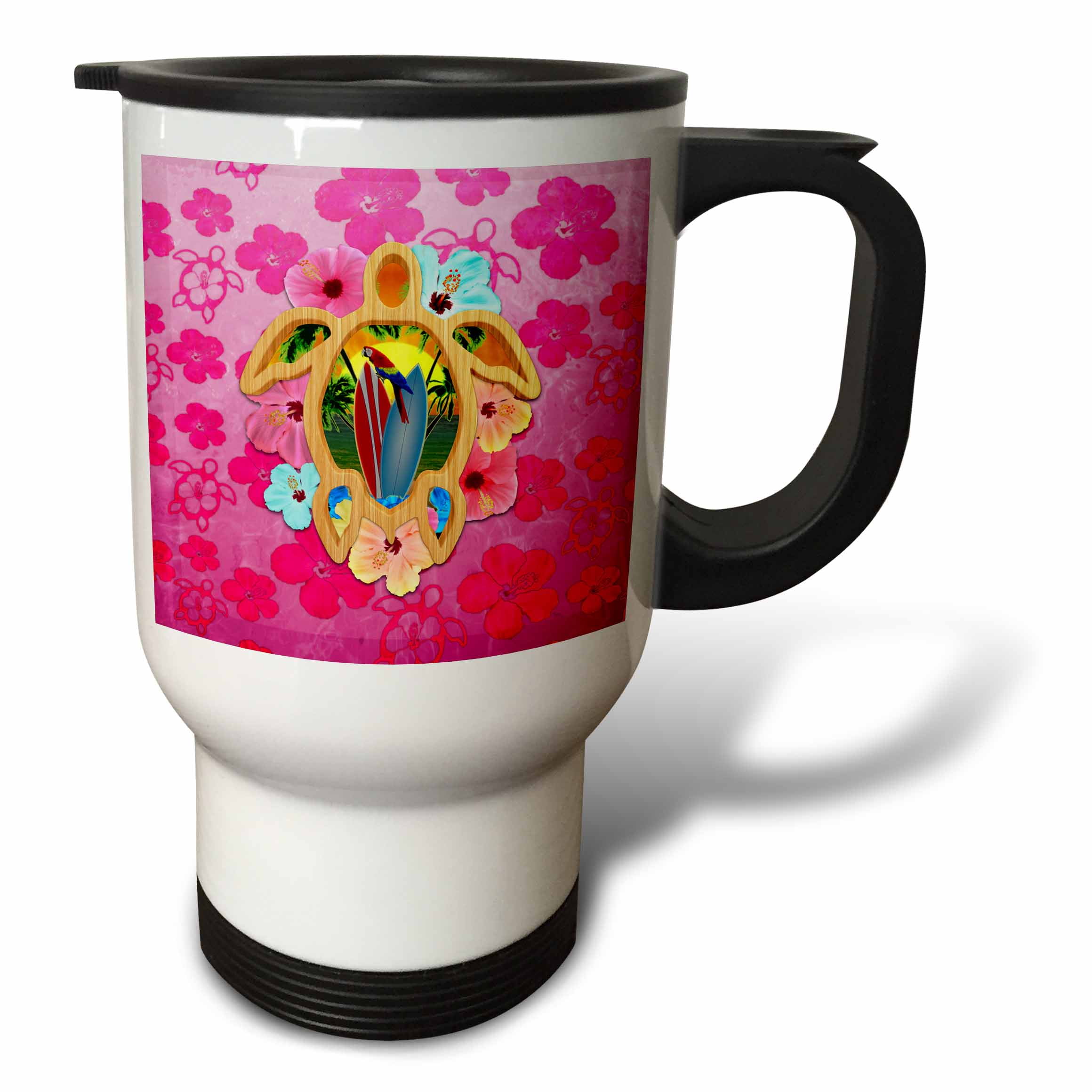 3drose, Pink Surfing Sunset Design with Pink Hibiscus Flowers and Honu ...