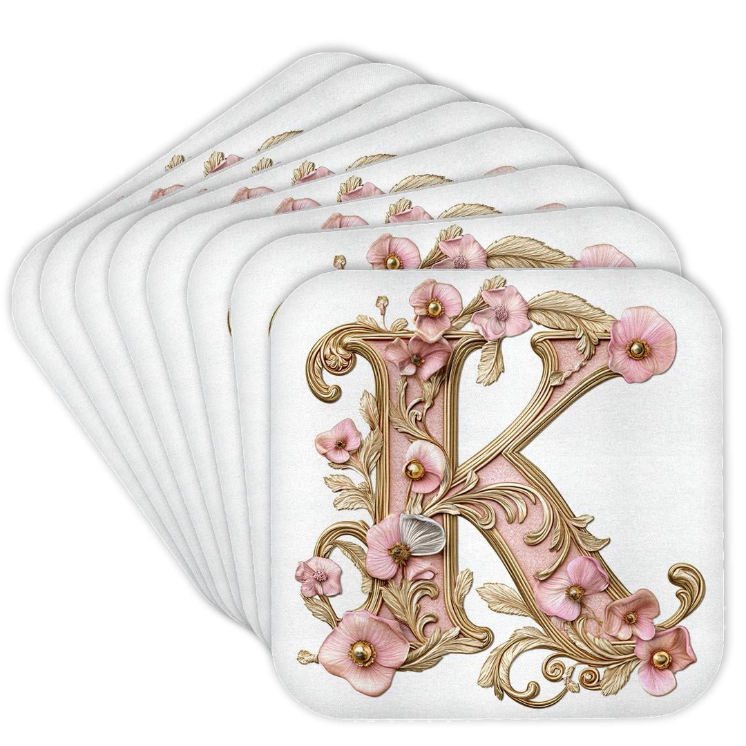 3drose, Pink and Image of Gold Floral Monogram Initial K, Set of 8 ...